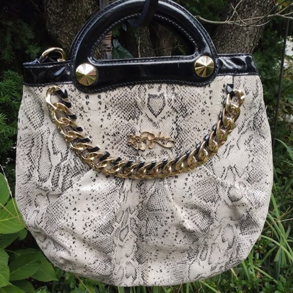 Betsey Johnson | Bags | Betsey Johnson Snakeskin Leather Handbag Chunky Chain Studs Python Black ...